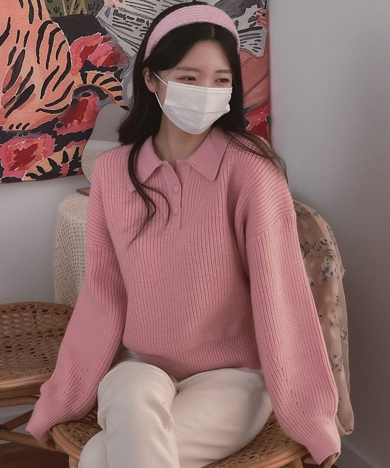 카라 오버핏 루즈핏 핑크 분홍색 포근 두툼한 니트 2col