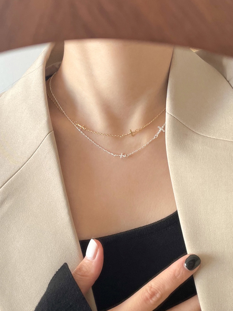 실버925 14k도금 / 십자가 체인 초커 목걸이 (2col)