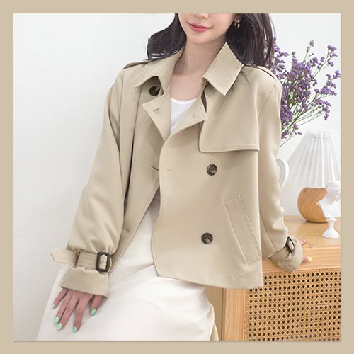 백화점 정장 더블 A라인 뒷주름 숏트렌치코트 봄트렌치코트주름트렌치코트플리츠하객베이지더블트렌치코트숏코트봄코트데일리숏자켓봄자켓하프트렌치반코트미니바바리