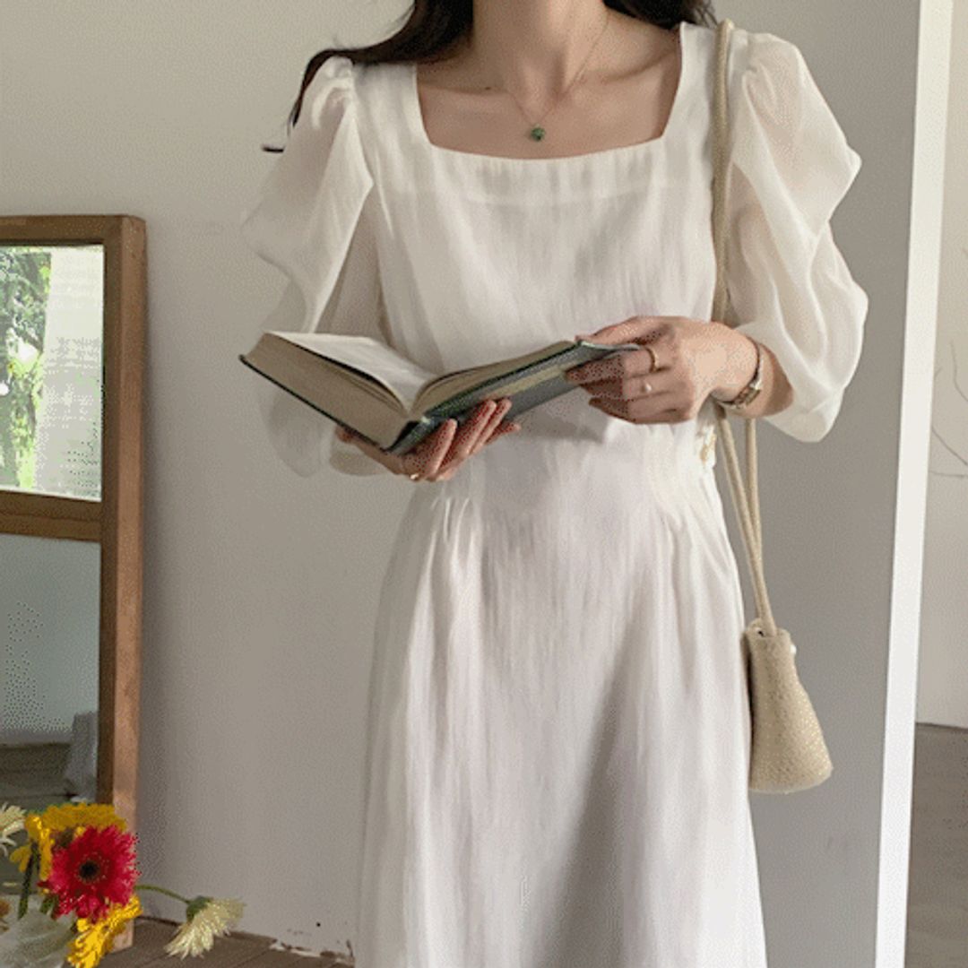 하객룩여름원피스셀프웨딩 쉬폰워피스 퍼프 시스루 블라우스 A라인 플레어 소라 셔츠 롱원피스 허리잘록 허리조절 슬림 롱 스커트 스퀘어넥 브라이덜샤워 화이트 웨딩드레스