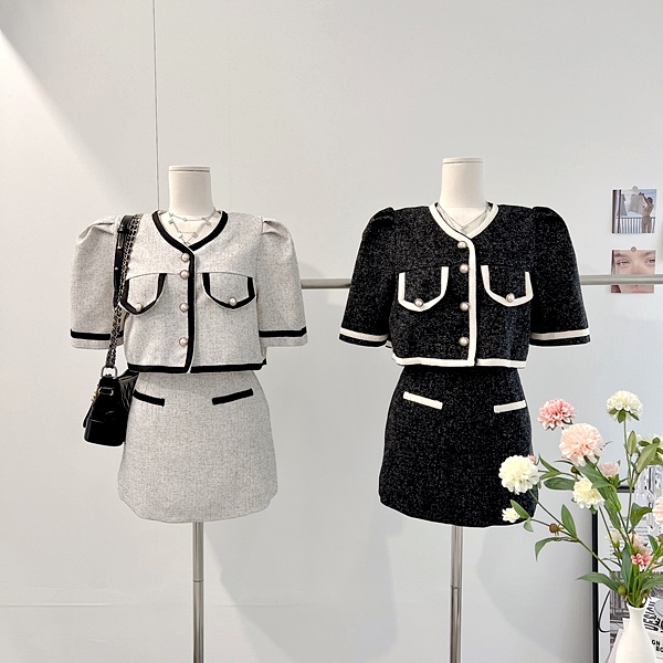 이프유마인 자켓스커트set이거존예 바닐라 트위드 진주 배색 벌룬 퍼프 반팔 자켓 미니 스커트 투피스 세트 2color