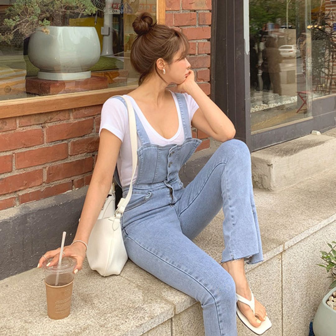 브시아 스퀘어 데님 점프슈트