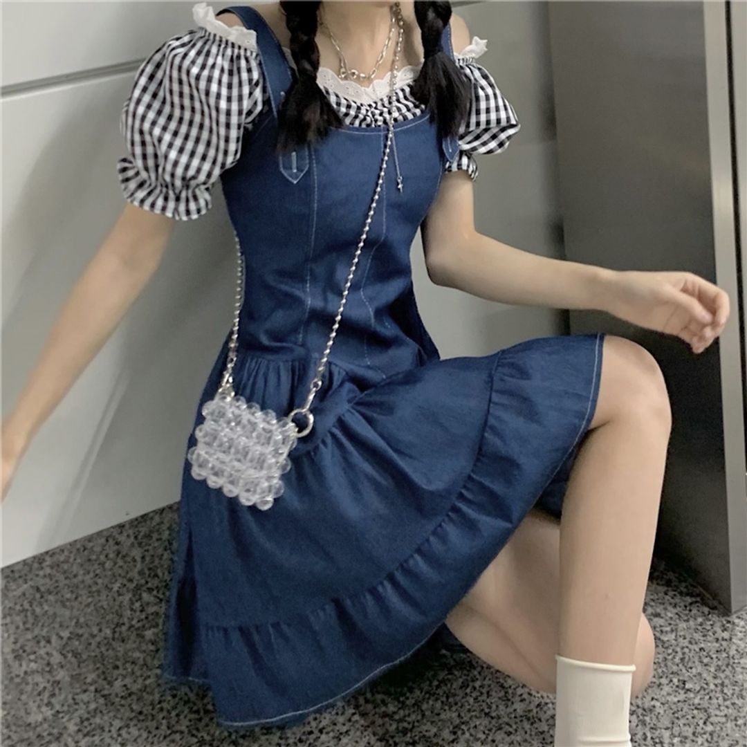 Set 심플 체크 오프숄더 프릴 레이스 블라우스 타이트핏 데님 프릴 캉캉 미니 멜빵 서스팬더 원피스 청 원피스 세트 큐티