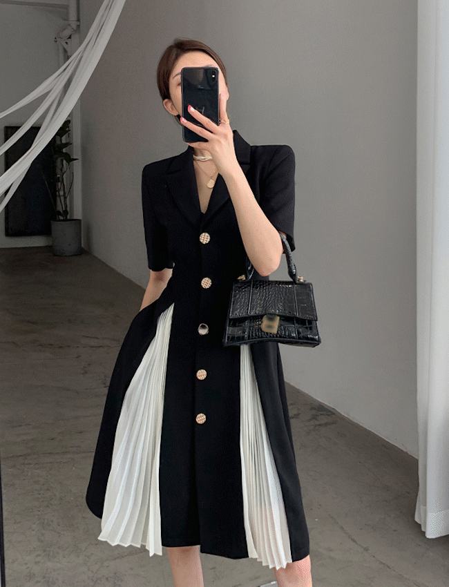 레드베리 빅사이즈원피스하객룩여름원피스 배색 정장원피스 자켓원피스 여름 싱글 반팔자켓 페미닌 플리츠 블랙드레스 주름치마 롱자켓 시스루 하객원피스~4xl