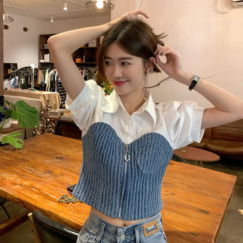 당일발송 화이트 데님 포인트 소매 퍼프 벌룬 카라 반팔 셔츠 남방 블라우스 주말룩 데이트룩 피크닉룩 꾸안꾸 결혼식