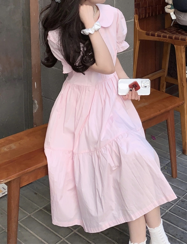 레드베리 여름원피스캉캉원피스 스위트 핑크 셔츠원피스 라운드카라 퍼프소매 블라우스 A라인 롱원피스 플레어스커트 러블리 공주스커트 귀여운 하객원피스