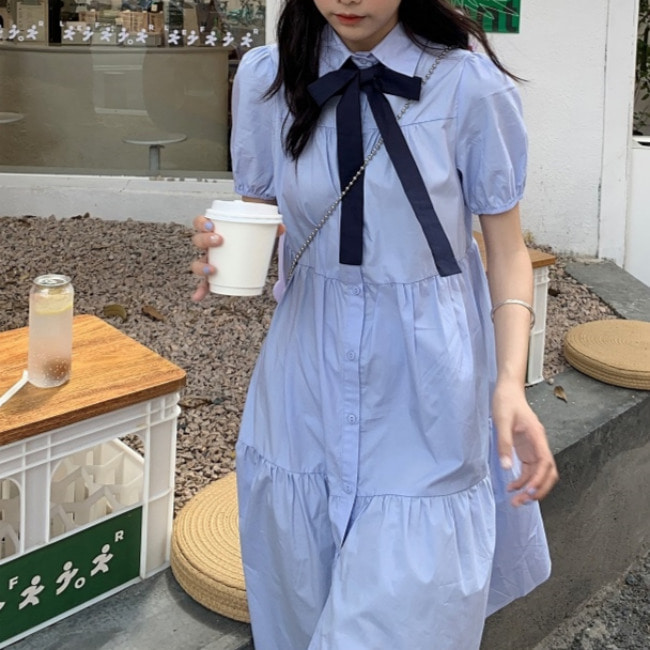 레드베리 여름신상 셔츠원피스 데일리 리본 카라 셔츠 퍼프소매 블라우스 블루셔츠 롱원피스 캉캉 소라색 여름원피스 여름 데일리룩