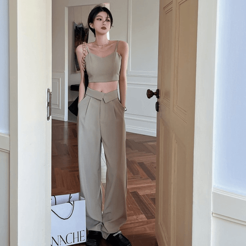 위드포에버 세미정장투피스세트여름신상 베이직 슬림핏 하트넥 크롭 끈나시 슬리브리스 허리라인 언발 레이어드 로우라이즈 스트릿 와이드팬츠 바지 투피스 셋업 세트 봄신상