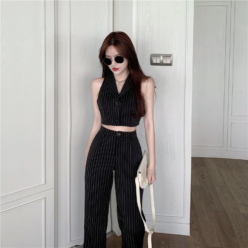 L당일배송세미정장투피스세트여름신상 블랙 스트라이프 카라 빅버튼 슬리브리스 크롭 조끼 여름블라우스 하이웨스트 와이드팬츠