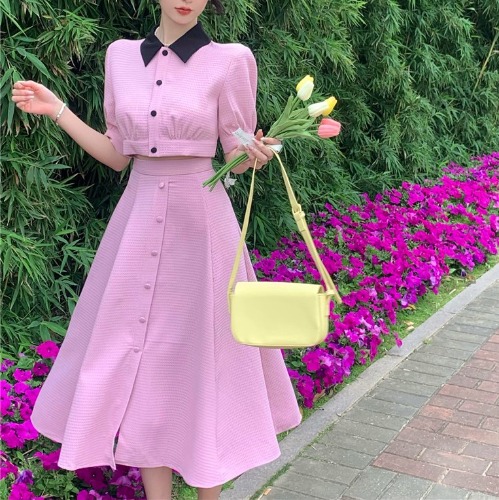 위드포에버 S당일배송하객룩투피스세트여름신상 핑크 셔링 블랙 카라 싱글버튼 퍼프 반팔 크롭 자켓 여름자켓 여름블라우스 버튼장식 플레어 하이웨스트 롱스커트 투피스 셋업