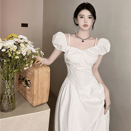 위드포에버 셀프웨딩브라이덜샤워여름신상 심플 화이트 셔링 퍼프 슬림루즈핏 플레어 끈나시 반팔 롱원피스 쉬폰원피스 봄신상 데이트룩 여친룩 상견례 하객룩 결혼식 데일리