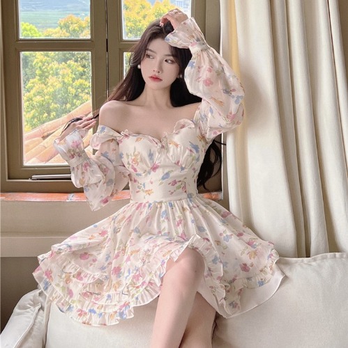 위드포에버 L당일배송데이트룩봄신상 플로럴 블루 오렌지 핑크 플라워 베이지 셔링 레이어드 프릴 피쉬테일 슬림루즈핏 하트넥 긴팔 오프숄더 미니원피스 쉬폰원피스 여름신상