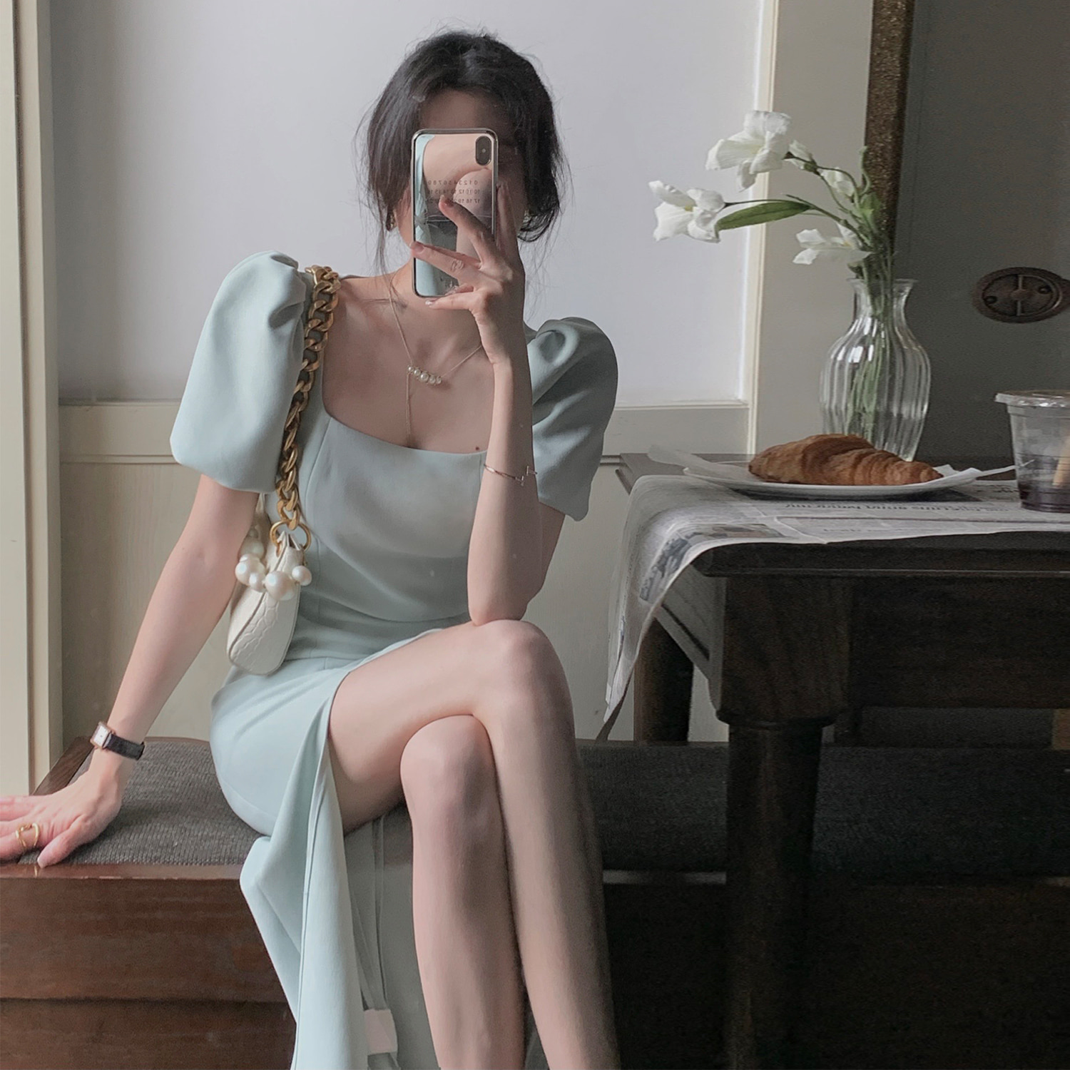 조이얼랏 민트화이트당일발송스퀘어넥 정장 원피스 3colors 버건디레드민트그린화이트 퍼프 반팔 롱 드레스 하객룩셀프웨딩브라이덜샤워연말파티룩피로연결혼식