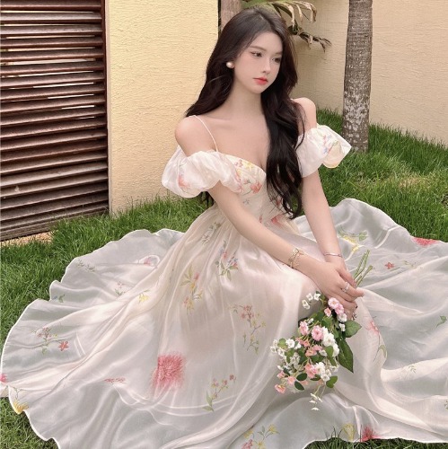 위드포에버 데이트룩여름신상 로맨틱 플로럴 플라워 화이트 쉬폰 백리본 셔링 퍼프 슬림루즈핏 하트넥 오프숄더 끈나시 롱원피스 끈나시원피스 쉬폰원피스 하객원피스 봄신상