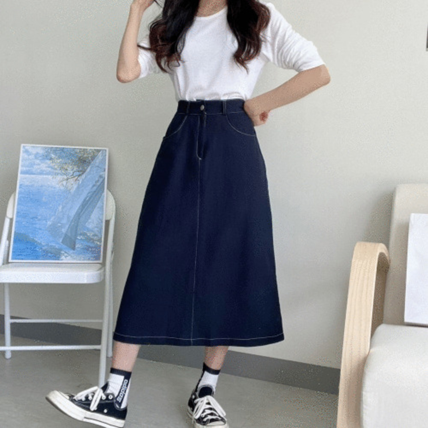 💛a라인핏💛 진스 린넨 코튼 뒷밴딩 롱스커트 밴딩스커트데님스커트생지스커트코튼스커트핀턱스커트여름스커트플레어스커트린넨