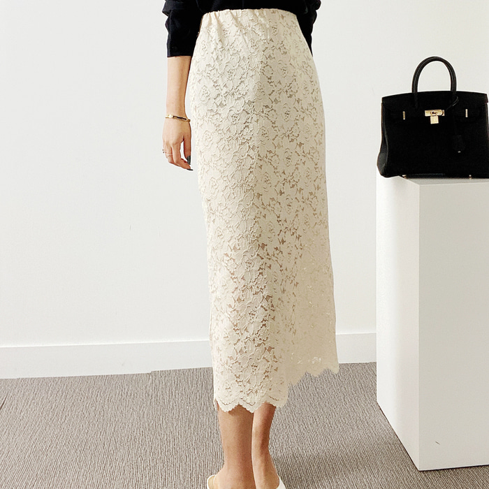 블랑시무드 밴딩 H라인 자수 레이스 롱스커트 3col