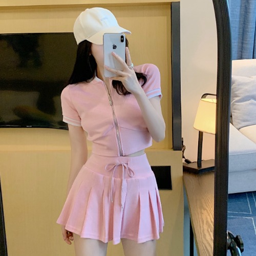 위드포에버 M당일배송골프테니스투피스세트여름신상 핑크 화이트 라인 지퍼 루즈핏 반팔 크롭 집업 하이웨스트 플리츠스커트