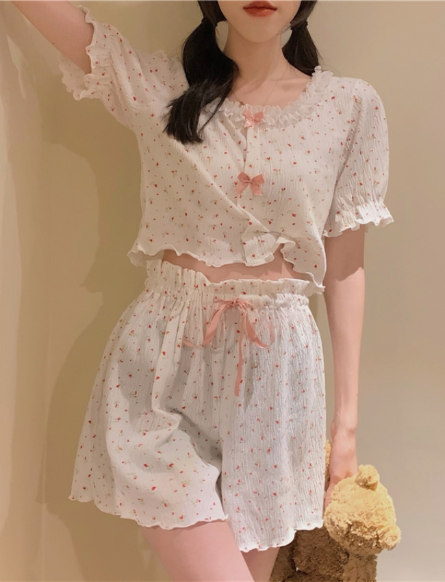 잠옷세트홈웨어투피스세트 파자마바지 반팔잠옷 리본 물결무늬 밴딩바지 5부 A라인 와이드팬츠 파자마파티 꽃무늬 잔꽃 러블리 상하 세트룩 파티