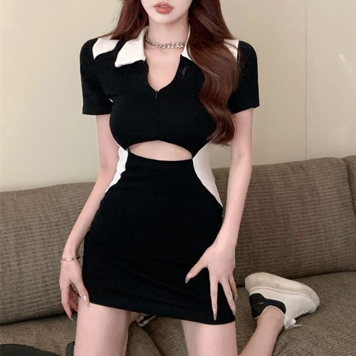 M당일배송골프테니스여름신상 블랙앤 포인트 화이트 투톤 앞트임 언더붑 베이직 심플 슬림핏 반팔 미니원피스 봄신상 데일리 캠퍼스 캐주얼 골프웨어 스포츠웨어 테니스룩