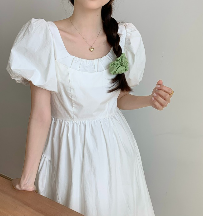 셀프웨딩브라이덜샤워 청순 벌룬퍼프 반팔 화이트 롱드레스 맥시원피스 롱원피스 웨딩드레스 스몰웨딩 프로필 촬영 백트임 뒷트임