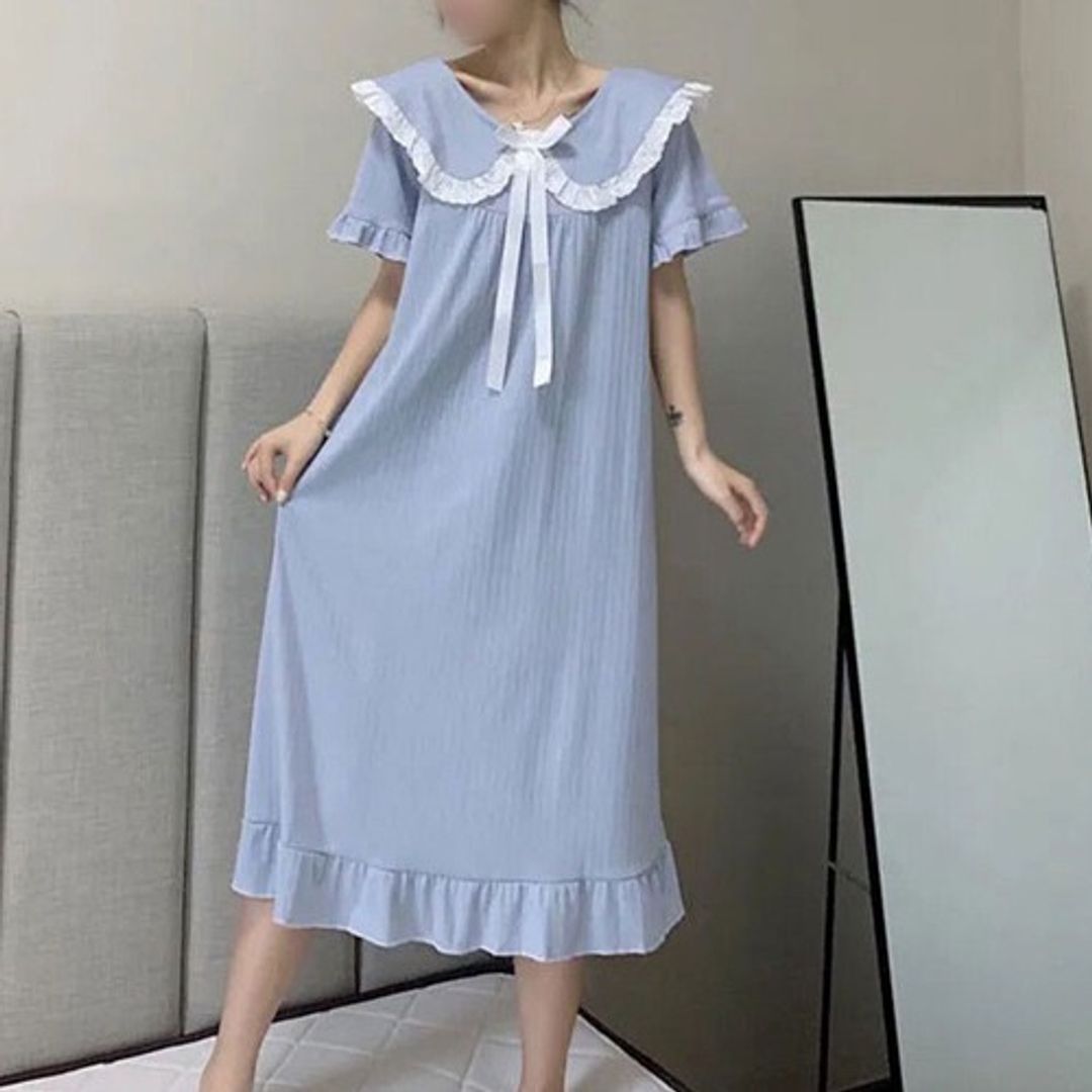 O192 러블리 카라 레이스 셔링 리본끈 프릴 잠옷원피스반팔 사계절 여성 여자 수면 잠옷 데일리 폴리 미들 롱 파자마 파티