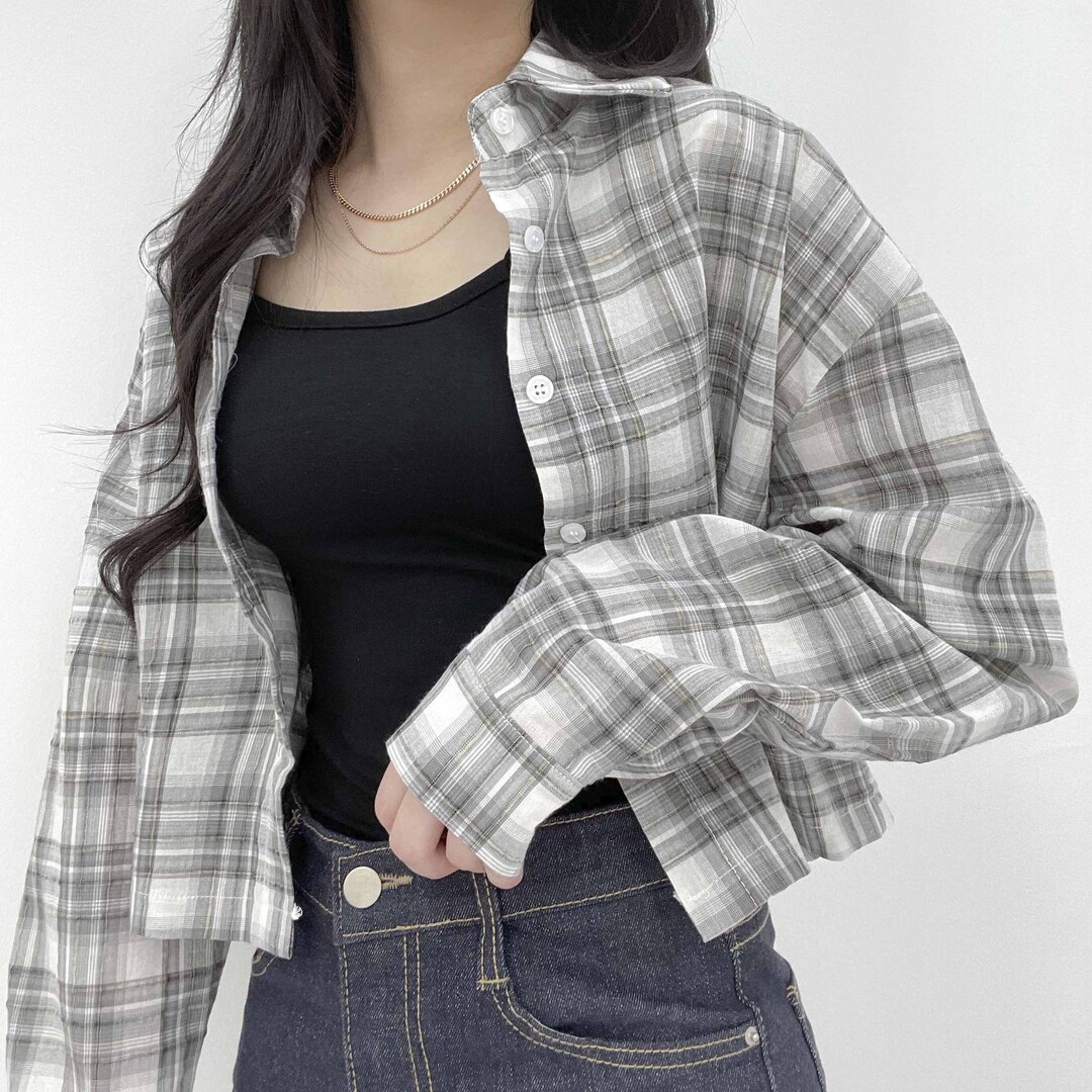 핑크선셋 내추럴 체크 크롭 남방 블루 블랙 숏 짧은 타탄 사각 셔츠 간절기 봄 여름 가을