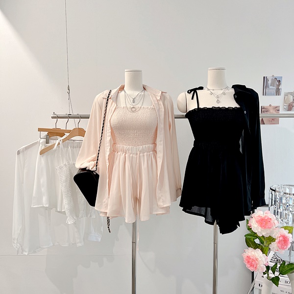 이프유마인 3pc 세트가격꾸안꾸룩 썸머 바캉스 시스루 스모크 탑 나시 셔츠 반바지 치마바지 플레어 스커트 투피스