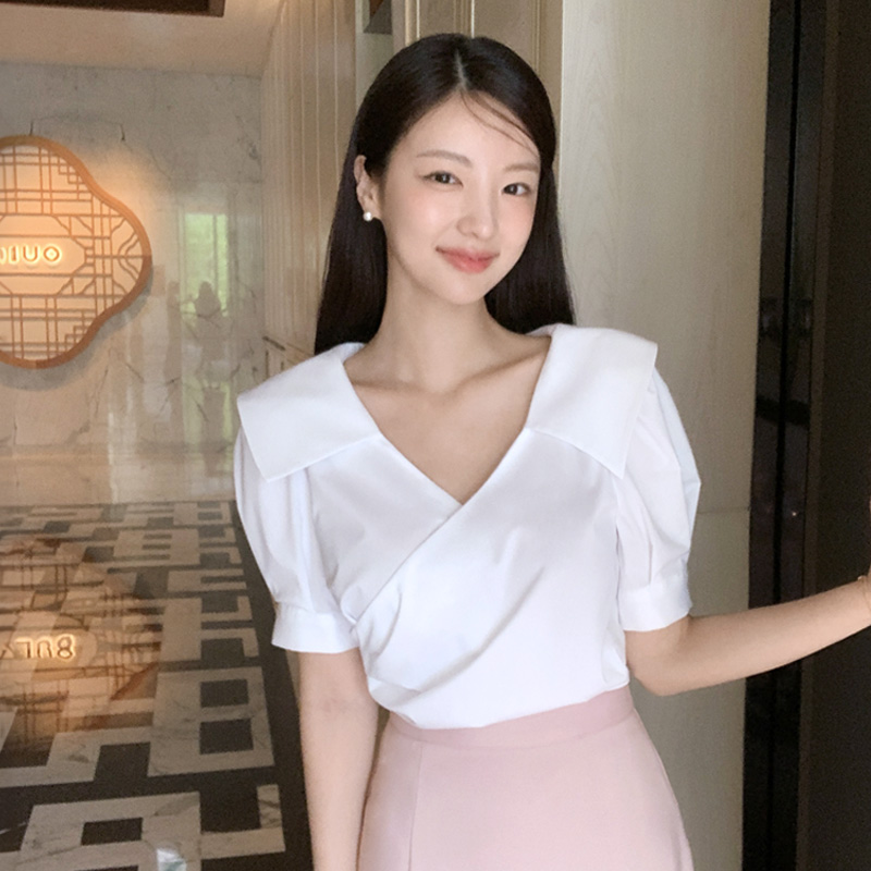 아뜨랑스 추석 빅할인 아뜨데이🚚부분당일발송 주문폭주 단독진행 여름코디하객룩데이트룩셔츠코디 메른 오픈 카라 랩 셔링 반팔 여름 하객 블라우스 반팔블라우스 여행룩