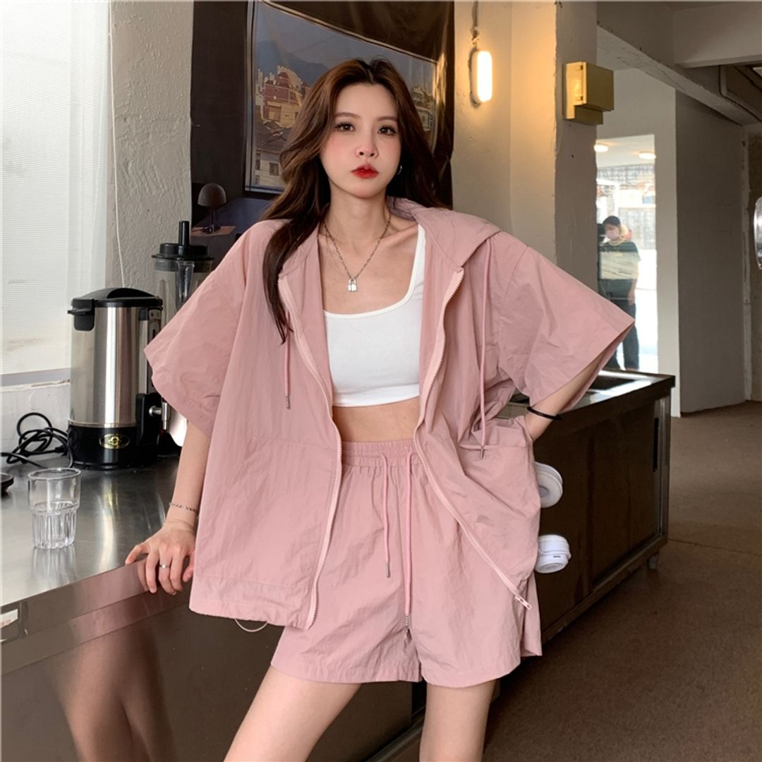 Set 휘뚜루 마뚜루 편하게 입는 그린 핑크 빅사이즈 루즈핏 반팔 후드 집업 밴딩 3부 트레이닝 팬츠 츄리닝 바지 투피스