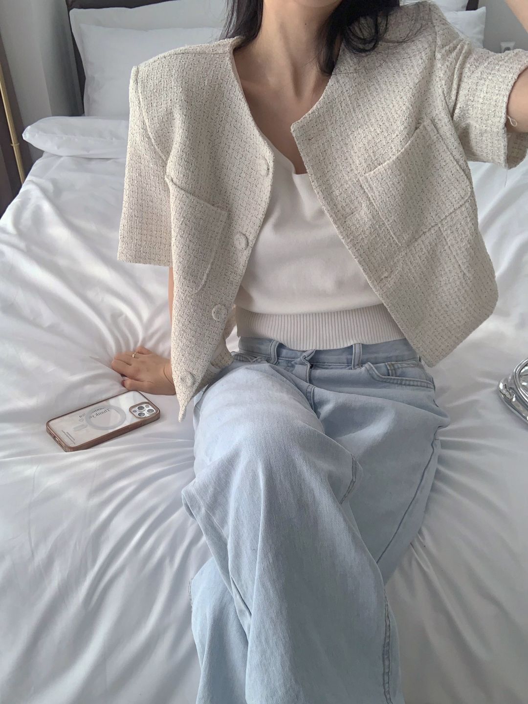 Tweed Jacket 여름 반팔 노카라 트위드 자켓 2color