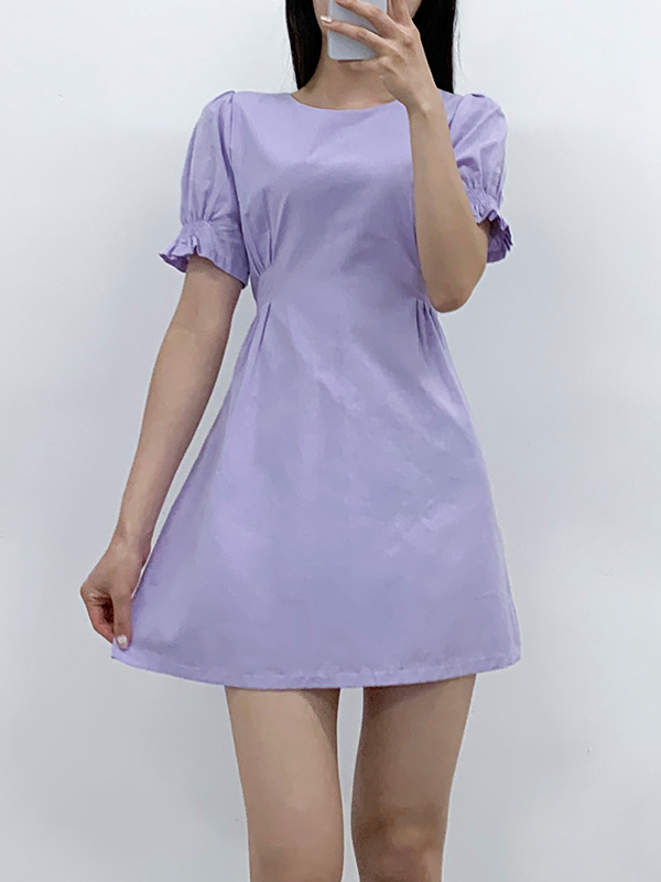 당일출고퍼프원피스3 Color 라벤더 린넨 핀턱 허리 끈 리본 스트링 라운드넥 스모크 밴딩 퍼프 반팔 숏 미니 원피스여름원피스미니원피스하객원피스반팔원피스린넨