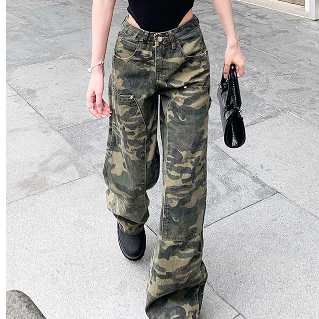 카모플라쥬 워싱 밀리터리 와이드 데님 팬츠