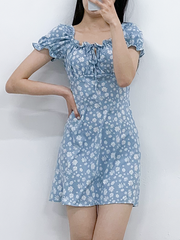 루미에르 당일출고플라워원피스5 Color 루피 플라워 꽃무늬 허리 끈 리본 스트링 프릴 오프숄더 퍼프 반팔 숏 미니 원피스여름원피스퍼프원피스플라워원피스반팔