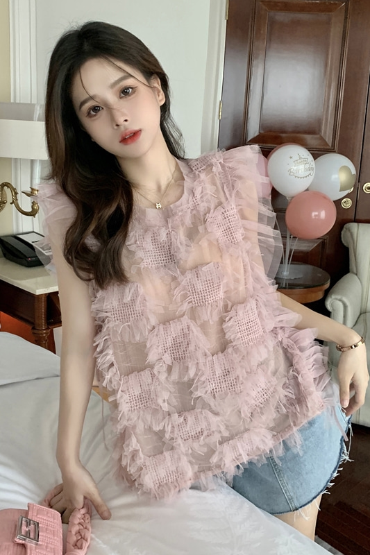 프릴 레이스 민소매 블라우스 귀여운 파스텔 톤 자카드 크로셰 패턴 시스루 파워숄더 티어드 민소매 셔츠 탑 라운드넥 여리 핏 리본 스트링 여밈 메쉬 스티치 봄 여름 시원한