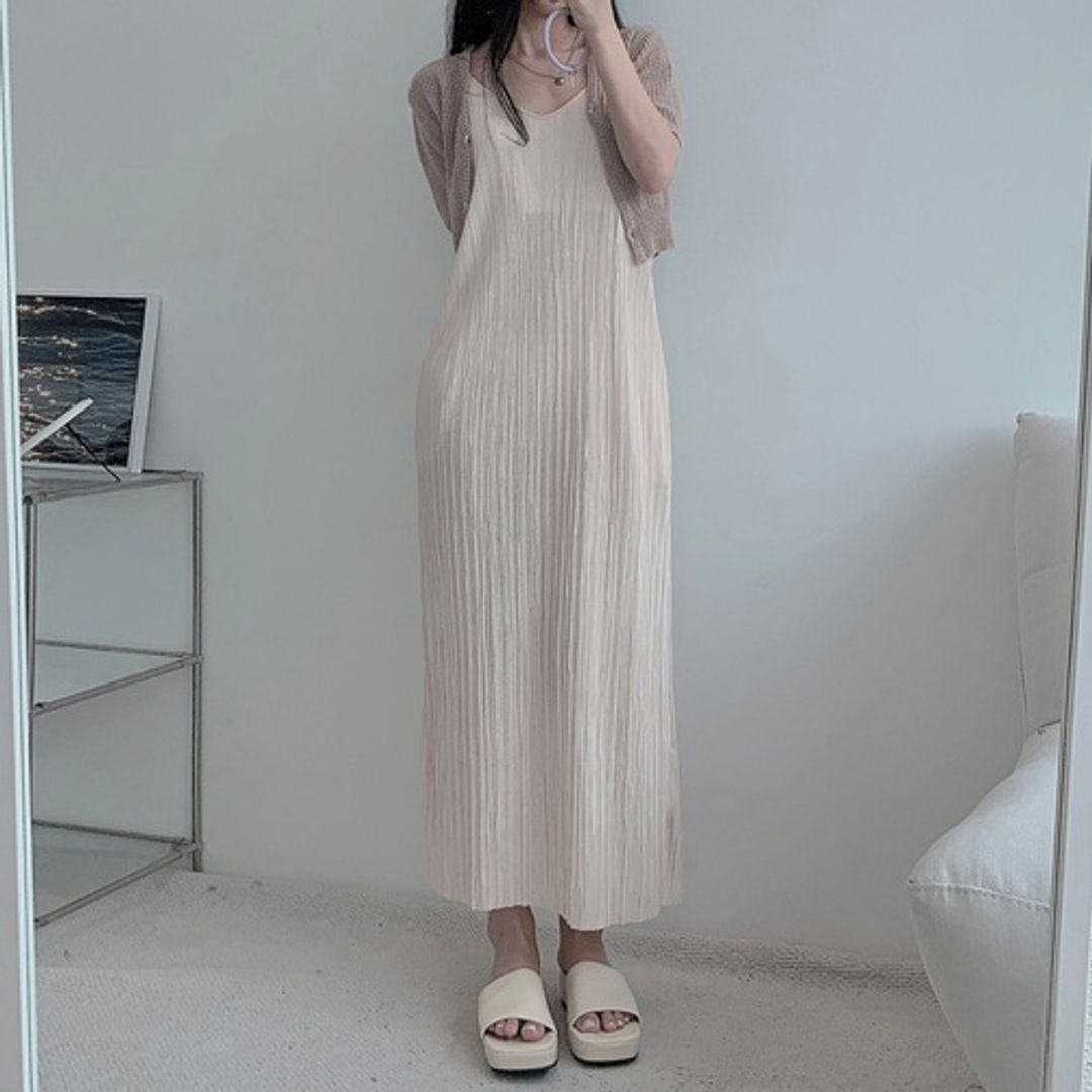 플리츠브이넥 폴키 나시 포켓 롱 원피스