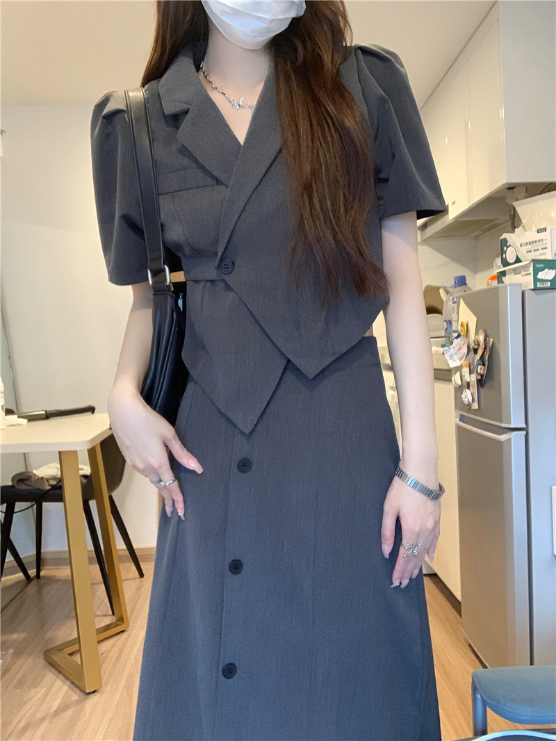 투피스 코디 Set 언발 스트릿 정장 세트 고퀄 원버튼 테일러 카라 슬림 여리 핏 반팔 퍼프 소매 짧은 크롭 수트 자켓