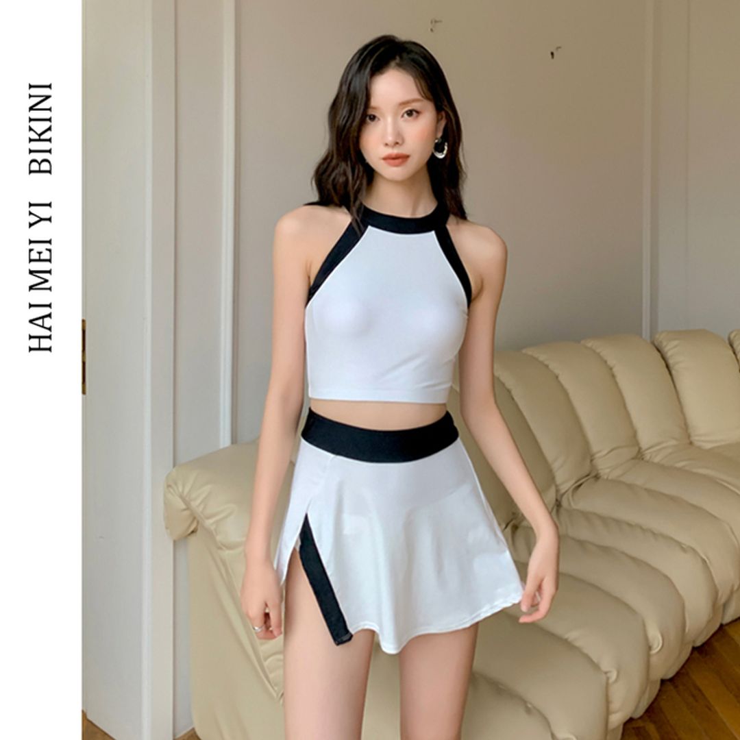 왕뽕비키니왕뽕모노키니 주문폭주 여름신상 배색 홀터넥 나시 비키니세트 옆트임 허리밴딩 스커트 몸매보정 바캉스 휴양지 여름휴가