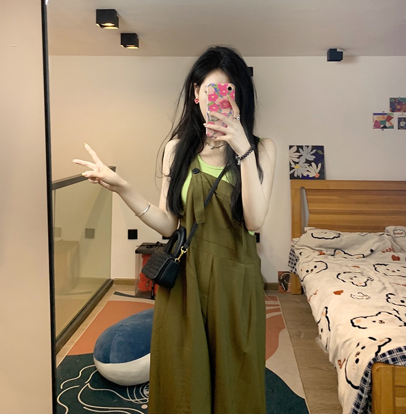 제이리본 걸 스트릿 여름 오버롤 카키 멜빵 와이드 루즈핏 오버핏 롱 핀턱 하이웨이스트 스트랩 통큰 학생 캐주얼 빈티지 힙한 포켓 데일리 심플 점프 수트 슈트 바지 팬츠