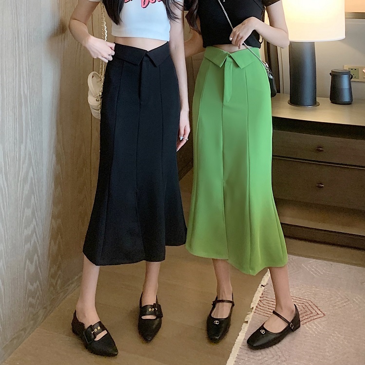 제이리본 인스 피쉬테일 머메이드 스커트 2color 크롭티에 찰떡 비비드 힙 라인 허리 포인트 절개 트임 하이웨이스트 봄 여름 A라인 얇은 랩 슬림 블랙 그린 미디