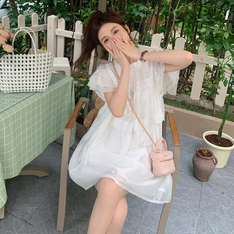 화이트 러블리 쉬폰 원피스 하늘하늘 퓨어 페미닌 귀여운 레이스 반팔 소매 라운드넥 2단 프릴 A라인 하이웨이스트 미니 미디 봄 여름 깔끔 단정한 여친 나들이 데이트 룩