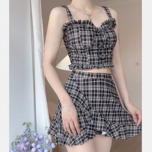 위드포에버 심플 블랙 체크 미니 크로스 피쉬테일 레이어드 언발 투피스 원피스 수영복 비키니 모노키니 호캉스 바캉스 휴가 비치룩 체형커버 뽕비키니 커버업 몸매보정 볼륨패드