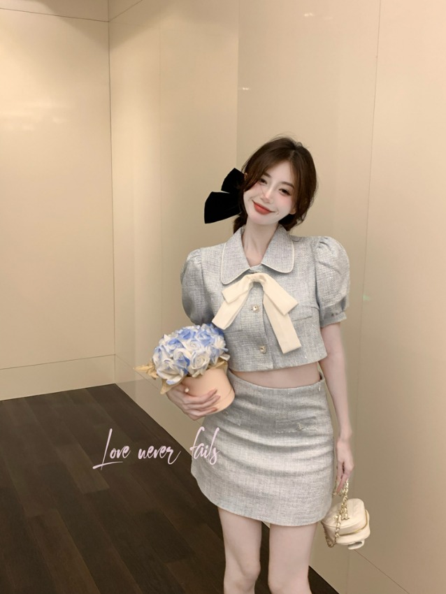 여름신상하객룩 큐티러블리 리본 반팔 펖프 크롭자켓미니스커트 투피스세트 셋업 여름자켓 반팔자켓 여름스커트 하이웨스트 스커트