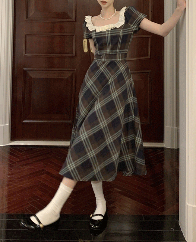 오픈하트 여름원피스데이트룩하객룩 복고풍 프릴 리본 스퀘어넥 체크 롱원피스 퍼프 반팔원피스 허리슬림 여리핏 하이웨스트 빈티지 플레어원피스 여름치마 롱드레스
