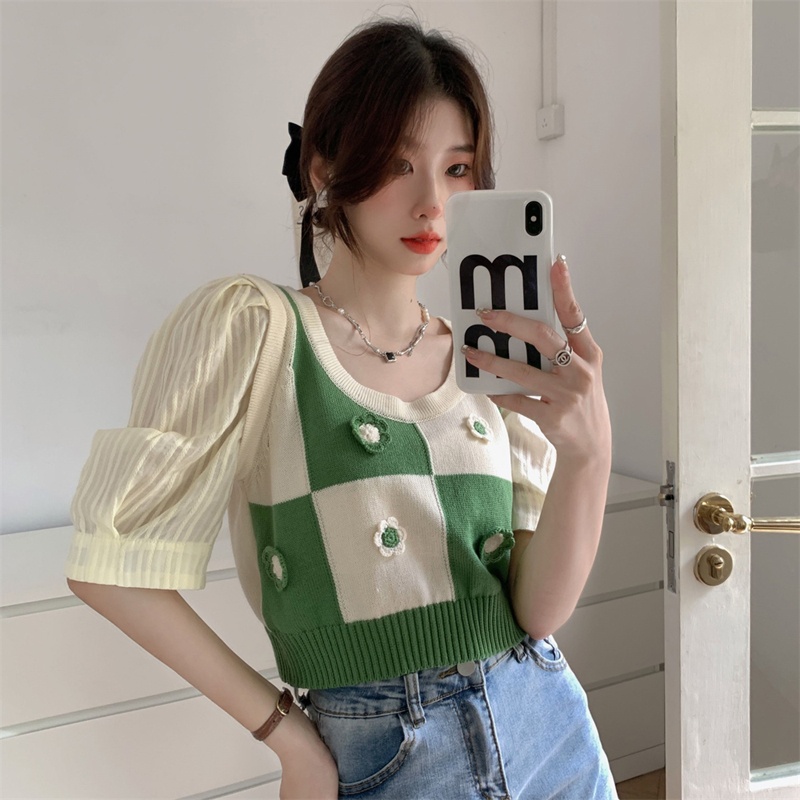 러블리끝판왕입체 플라워 크롭탑여름 배색 사각패턴 퍼프소매 바둑판 라운드넥 U넥 얇은 패치 포인트 페이크 조끼 불라우스 투피스