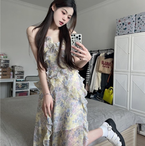 위드포에버 데이트룩여름신상 옐로우 피쉬테일 쉬폰 레이어드 프릴 블루 퍼플 루즈핏 끈나시 롱원피스 나시원피스 쉬폰원피스 봄신상 데이트룩 여친룩 상견례 하객룩 하객코디