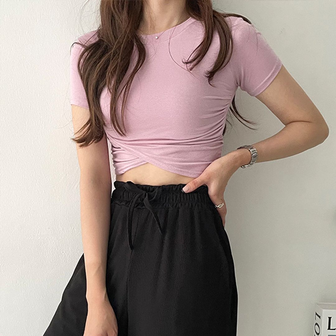 크롭 스판 카리나 슬림핏 꼬임 랩 크롭 반팔 티셔츠 크롭티 필라테스 요가복