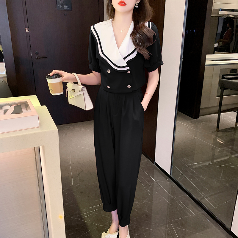 [투피스]v넥 세라카라 반팔 더블버튼 상의 와이드 반밴딩 조거팬츠 루즈핏 투피스 Set 트렌디한 신상 간편코디룩 데일리룩 여행룩
