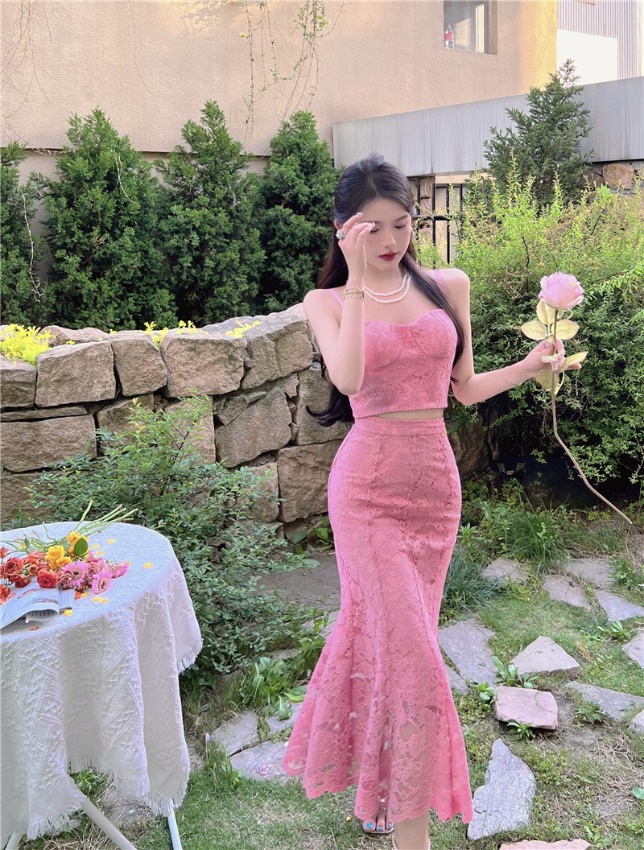 여름신상하객룩 핑크 인어공주 레이스 크롭나시탑롱스커트 투피스세트 셋업 여름나시 머메이드스커트 플레어스커트 A라인스커트
