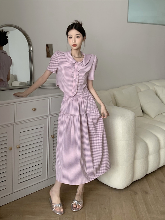 여름신상하객룩 빅사이즈 핑크 체크 반팔블라우스롱스커트 투피스세트 셋업 여름블라우스 여름셔츠 반팔셔츠 캉캉스커트 A라인스커트 플레어스커트 인기상품♡