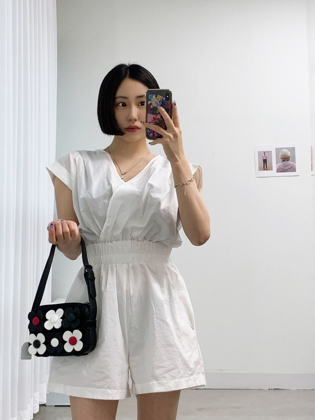 입체 왕 플라워꽃무늬 배색 블랙 스퀘어 벨트 숄더백 파우치가능